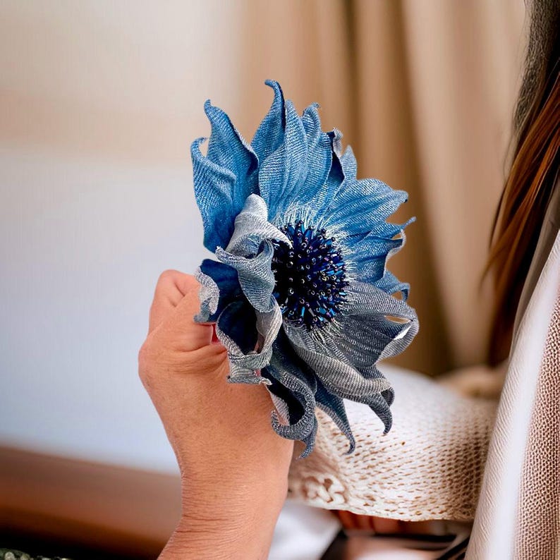Denim Fabric Sunflower Brooch, Big Denim Flower, Handmade Blue Jeans ...