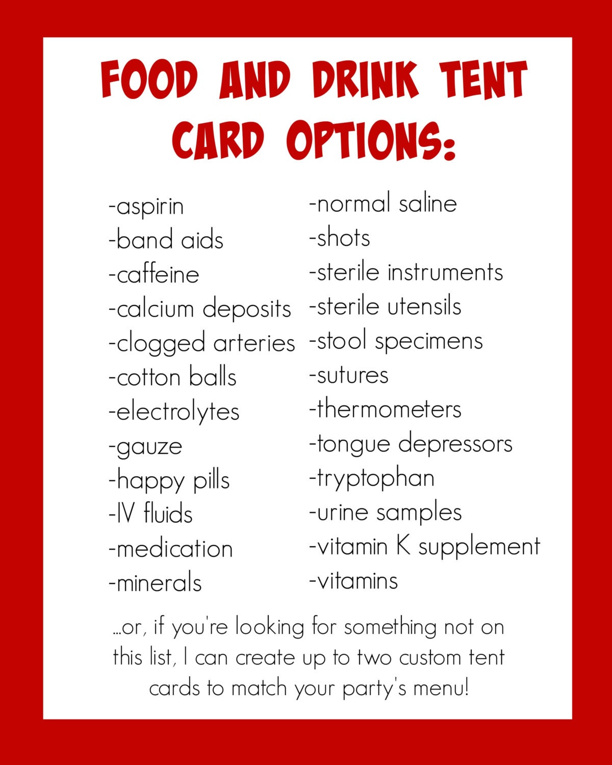 You Pick 5: Food and Drink Tent Cards {medical Themed Party} - Etsy