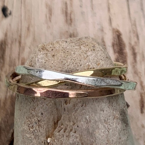 Mixed Metal Hammered and Connected Three Ring Set | Etsy