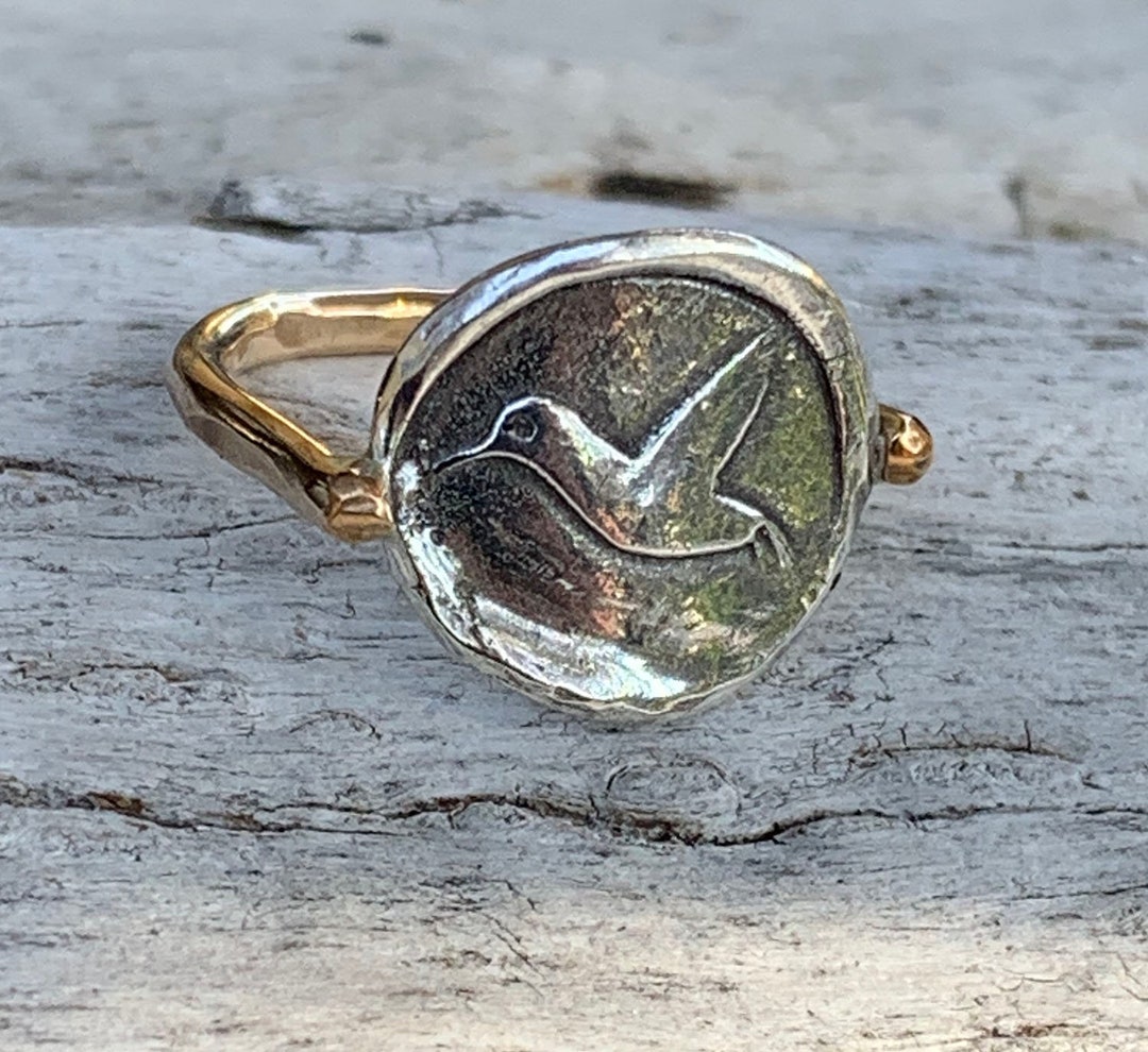 Silver Hummingbird Charm Ring With 14K Gold Filled Band - Etsy