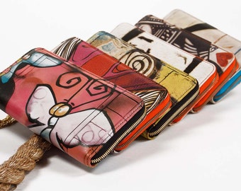 Leather Hand Wallet Kiss Graffiti Print Zip Around With Wristlet Chain ...