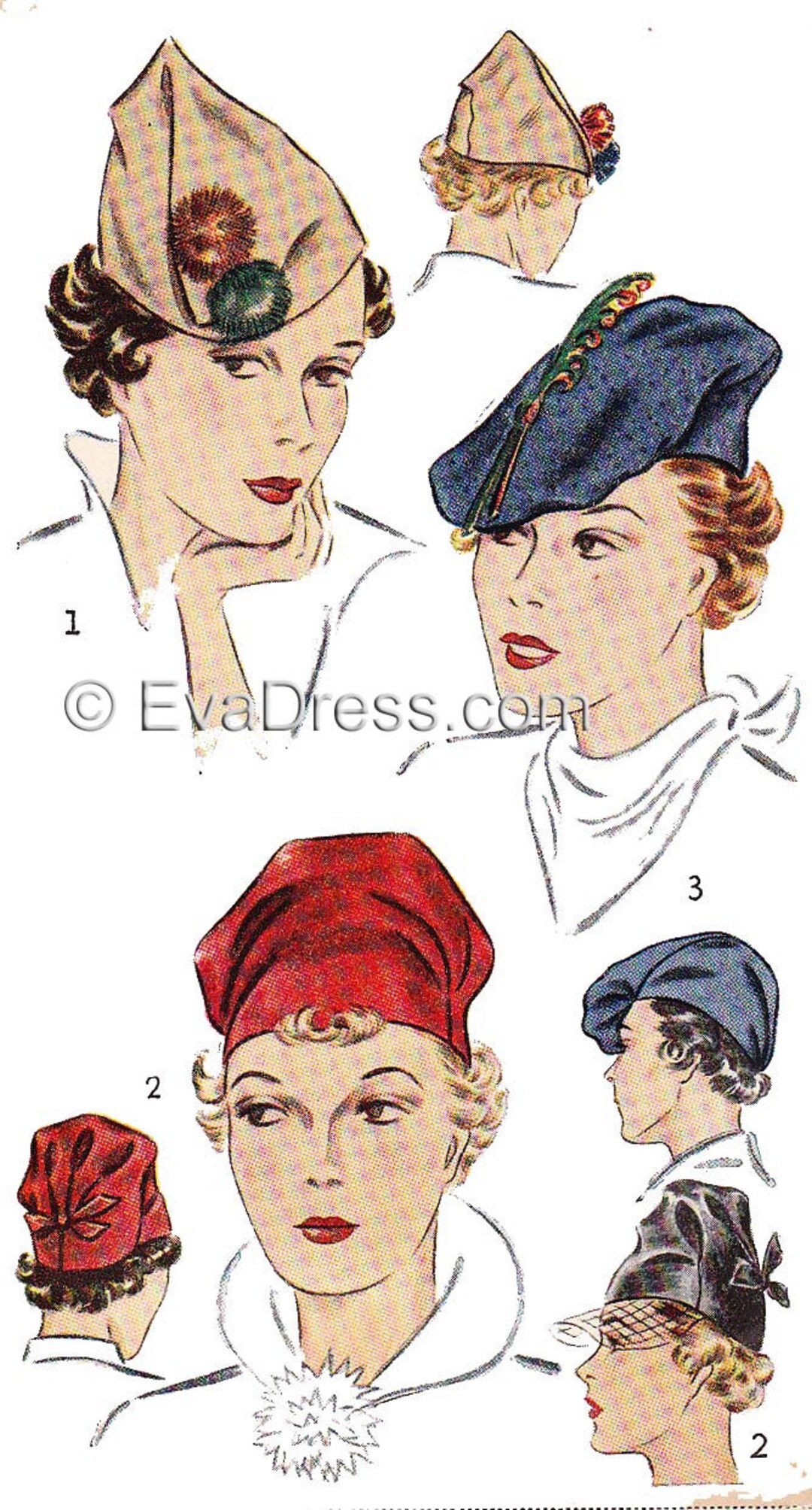 1937 Set of Three Hat Styles 22 to 22-1/2" Head Evadress Pattern - Etsy