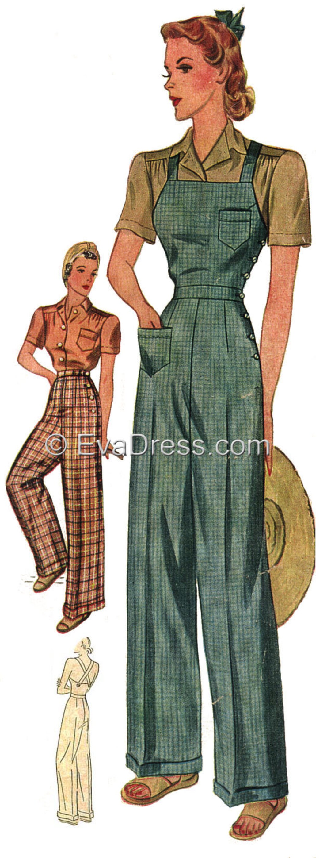 1940 Wide Leg Trousers and Overalls DIGITAL PATTERN Set A (26" to 32 ...