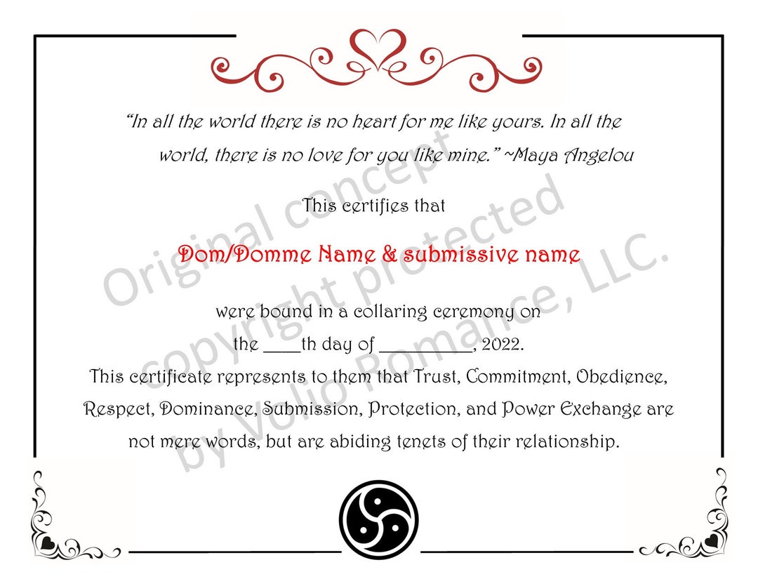 CUSTOMIZED Collaring Certificate for a Dom/domme/dominant & Submissive/slave W/scrollwork ...