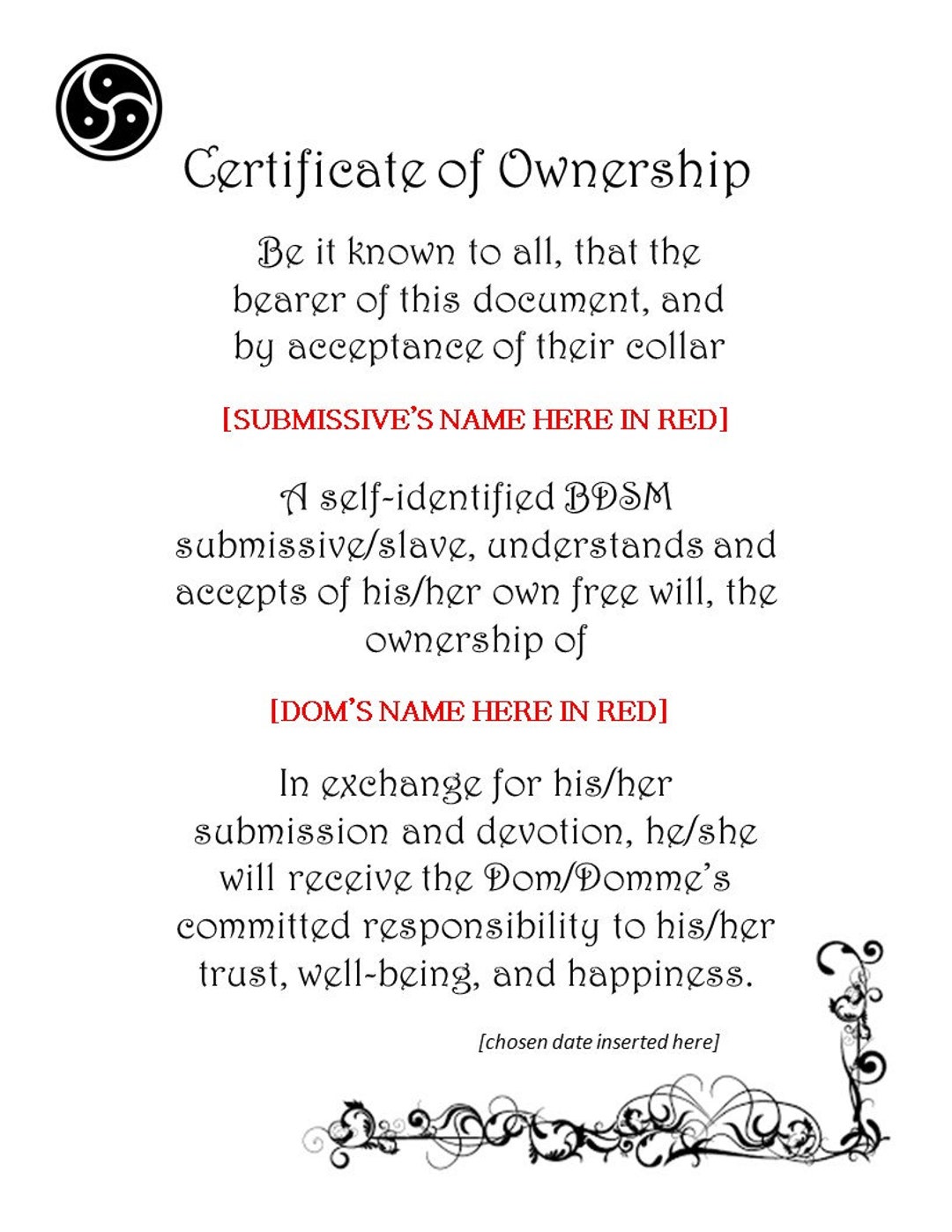 CUSTOMIZED Certificate of Ownership for a Dom/domme/dominant ...