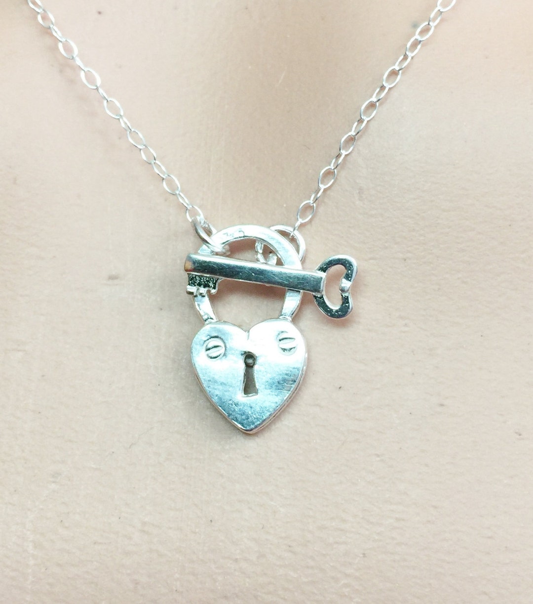 Keyholder 925 Sterling Silver Faux Double Heart Padlock Bar Toggle ...