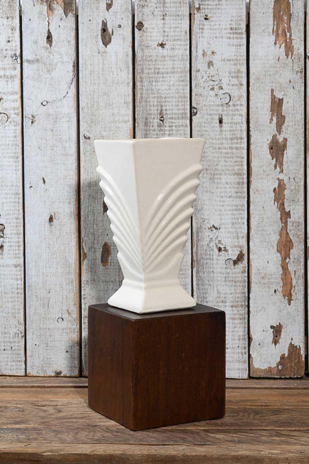 Vintage Mccoy Pottery White Art Deco Square Ribbed Vase Mid Century ...
