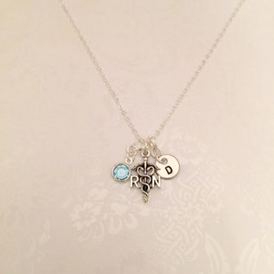 RN Registered Nurse Necklace Caduceus Pendant With Choice of Initial ...