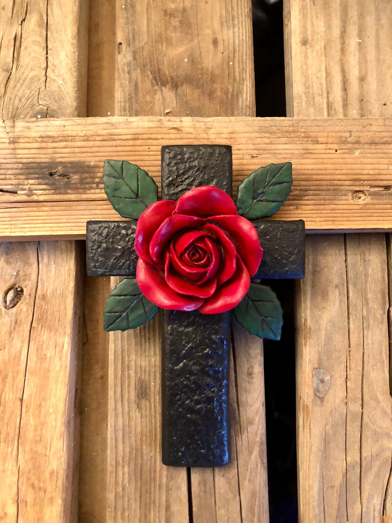 Red Rose Cross Floral Art Rustic Cross Decor Wall Hanging | Etsy