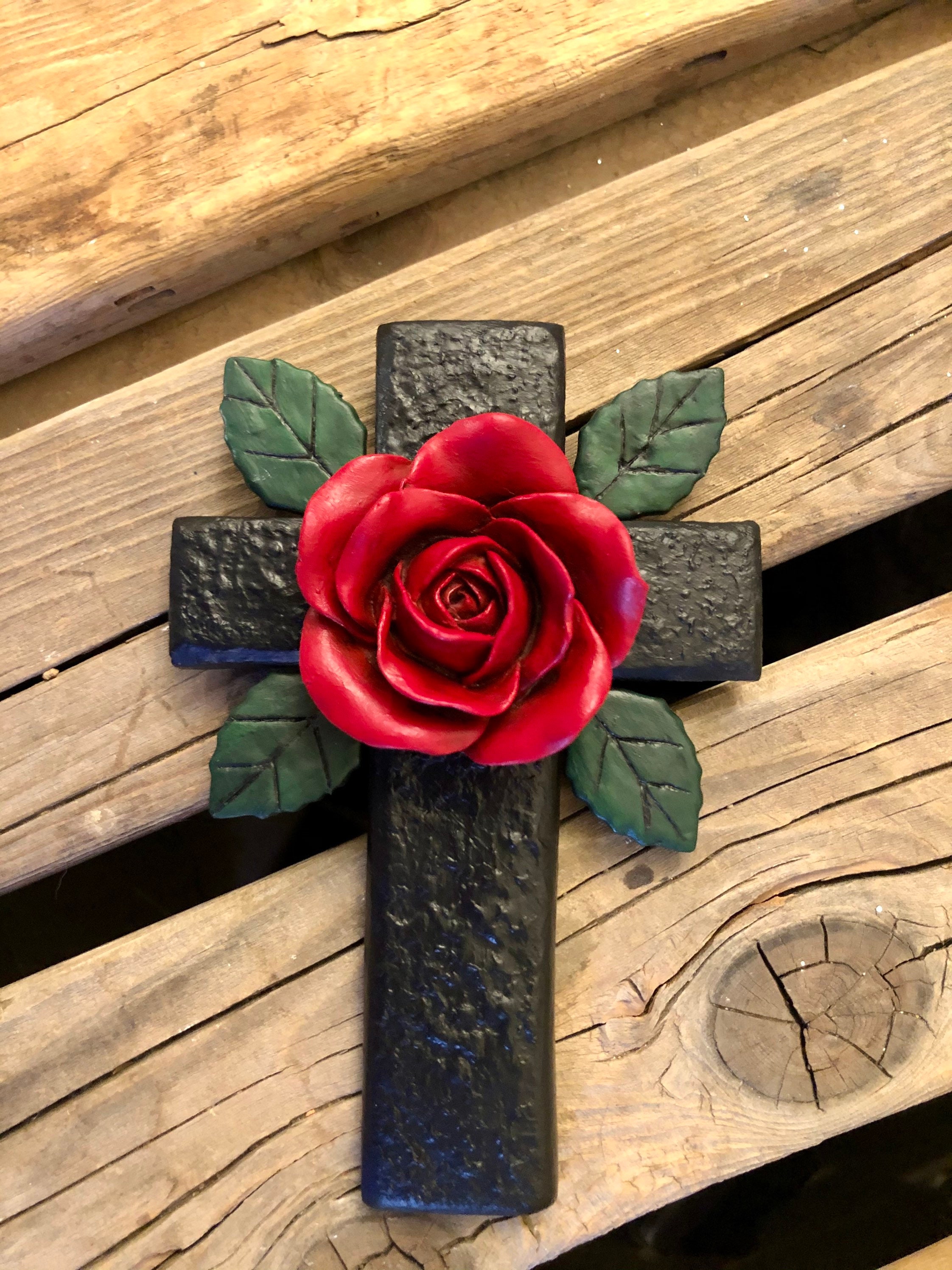 Red Rose Cross Floral Art Rustic Cross Decor Wall Hanging | Etsy