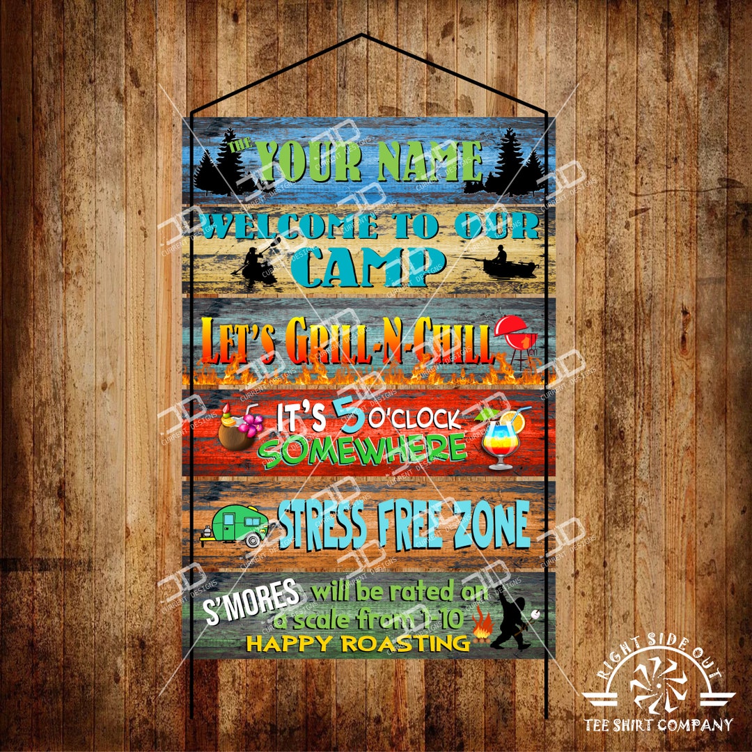 Camping Metal 6 Panel Sign Campsite Signs Campfire Happy Camper Signs ...