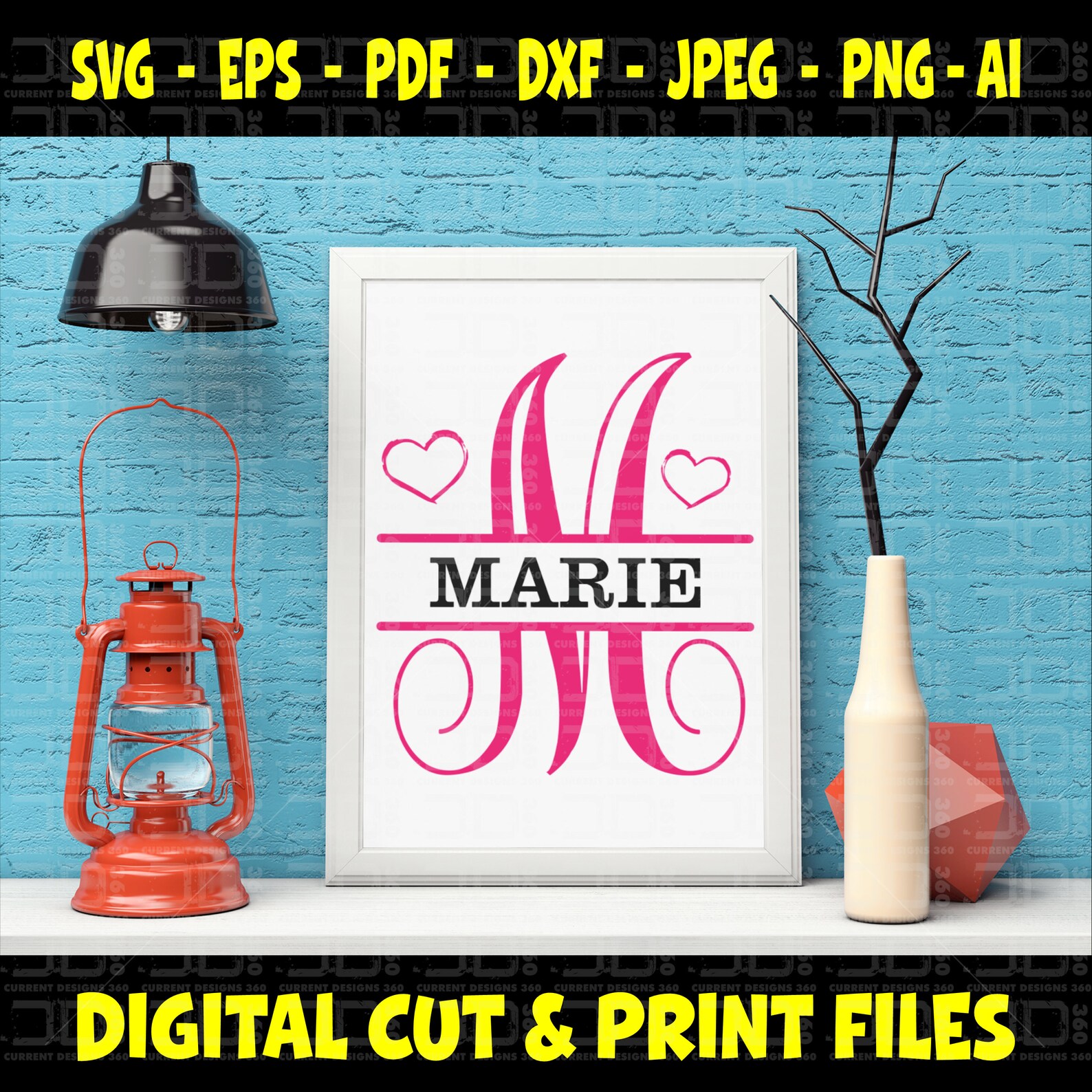 Hearts Split Monogram Alphabet SVG DXF PNG Split Monogram - Etsy