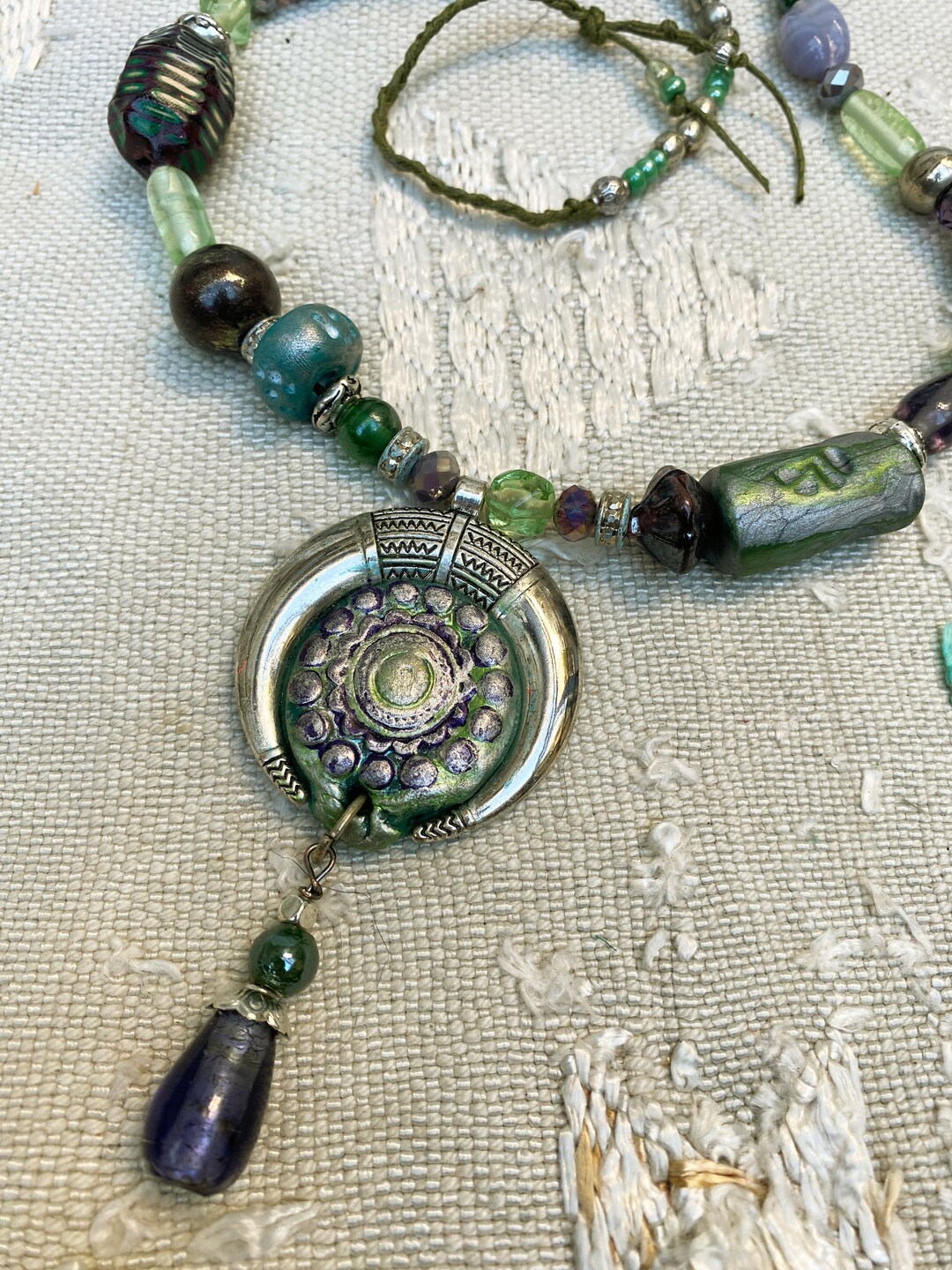 Odalisques Collection Mid-length Silver Pendant Necklace and Polymer ...
