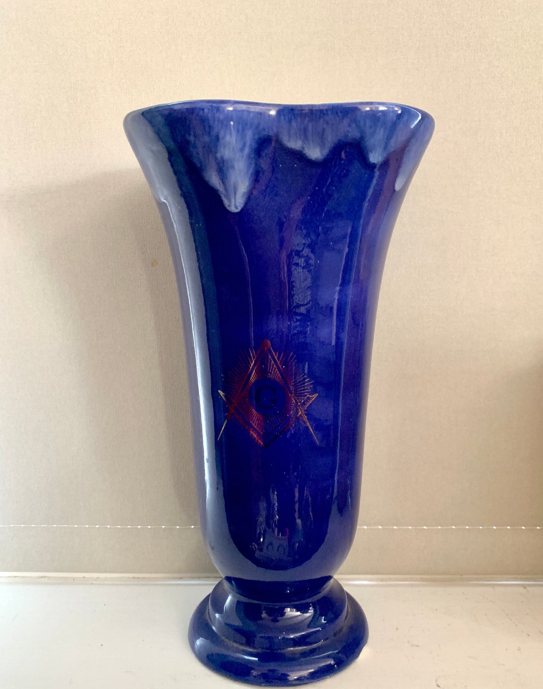 Vintage Freemasons Masonic Blue Ceramic Tall Glazed Vase With Gold ...