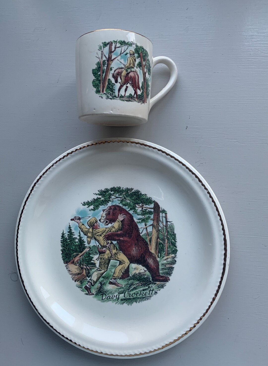Vintage 1950s Davy Crockett Souvenir Gold-trimmed Set / Americana ...