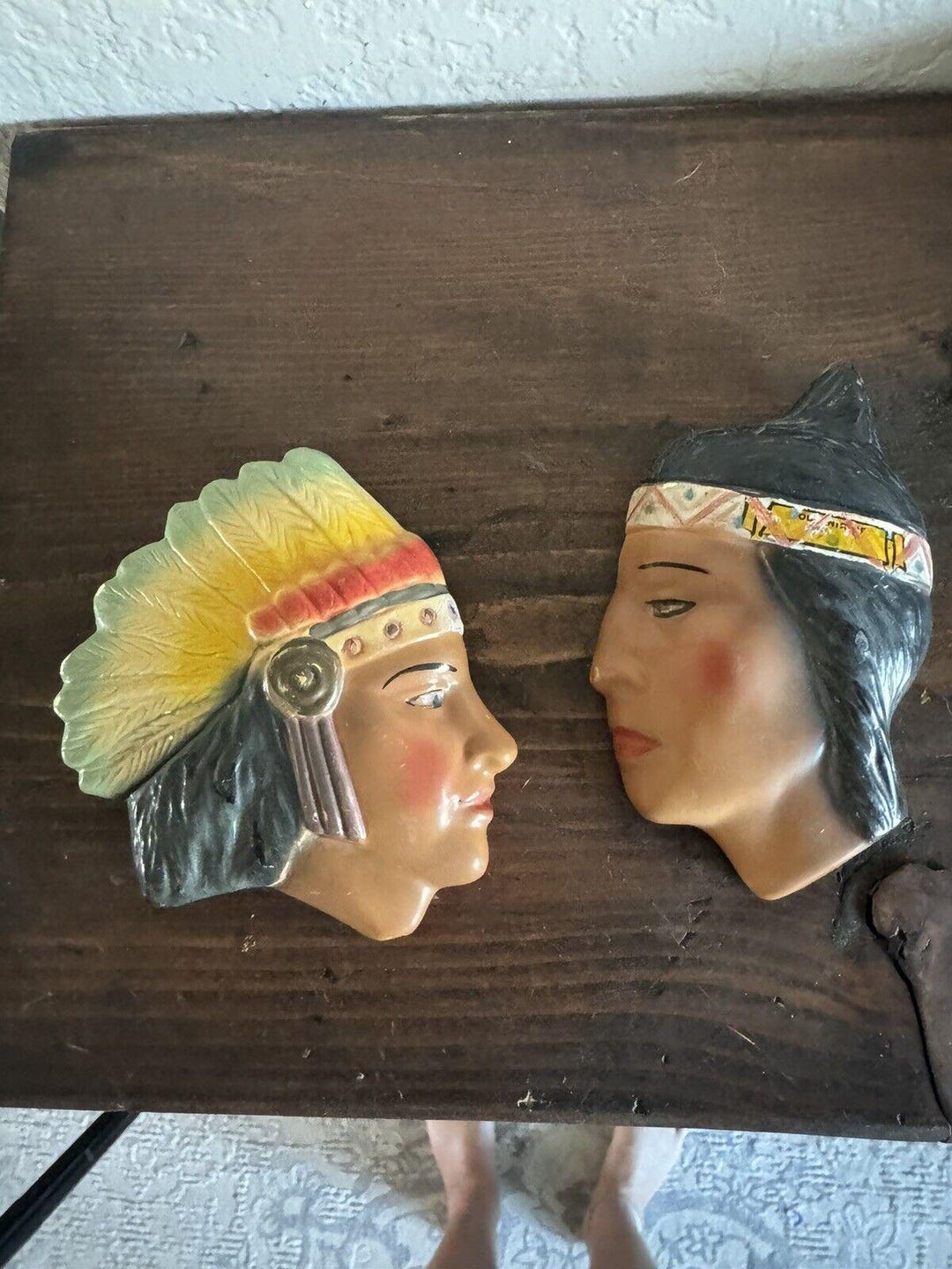 Vintage Indian Chalkware Wall Hanging Native American Head Busts ...