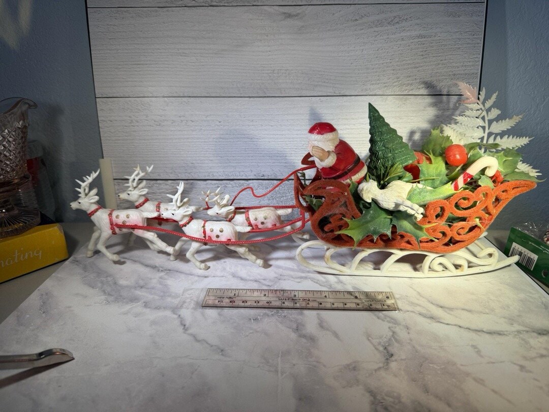 MCM Plastic Santa in Full Flocked Sleigh W/ Reindeer 19"×7.5" Christmas ...