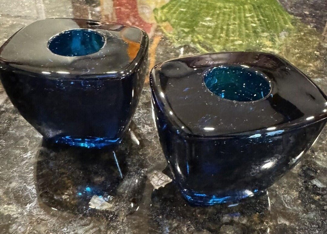 MCM VIKING Glass Cobalt Blue Block Epic Line Candle Holders - Etsy