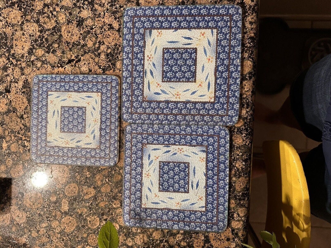 Lot of 3 Temptations Blue Old World Glass Trivets Square Appx 6.25" 7 ...