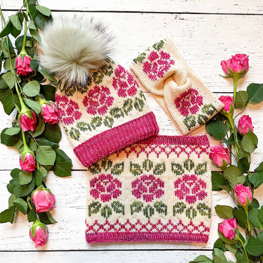 KNITTING PATTERNS: Rose Garden Collection /knit Hat, Cowl, Headband ...
