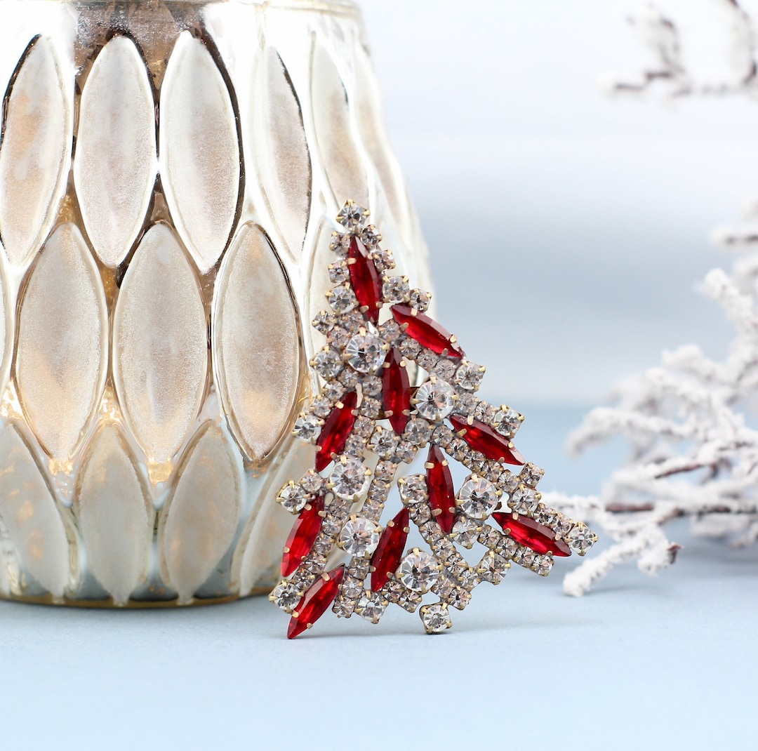 Vintage Christmas Tree Pin, Czech Crystal Christmas Brooch, Vintage ...