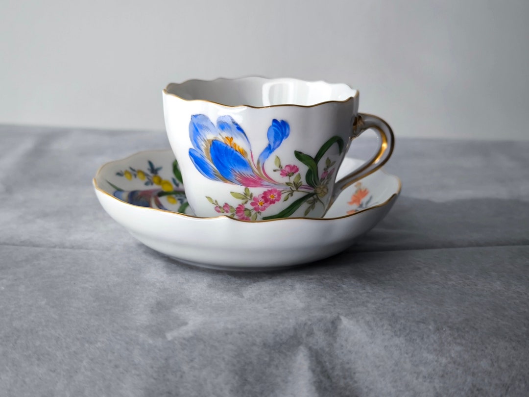 Meissen Espresso Cup Blue Crossed Swords Coffee Cup With Saucer Flowers ...