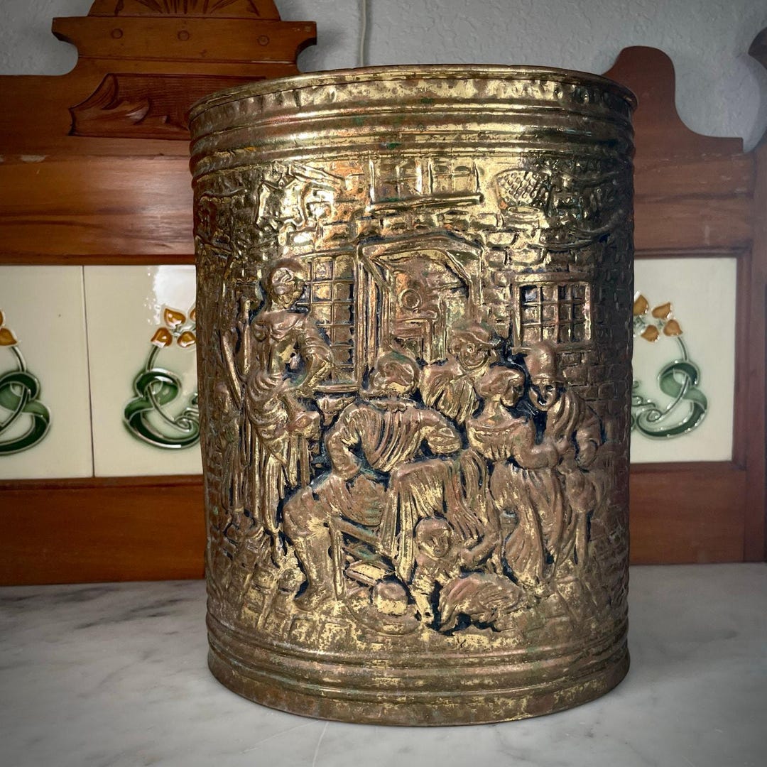 Vintage Brass Repousse Embossed Bin Trash Can Metal Waste Basket Cache ...
