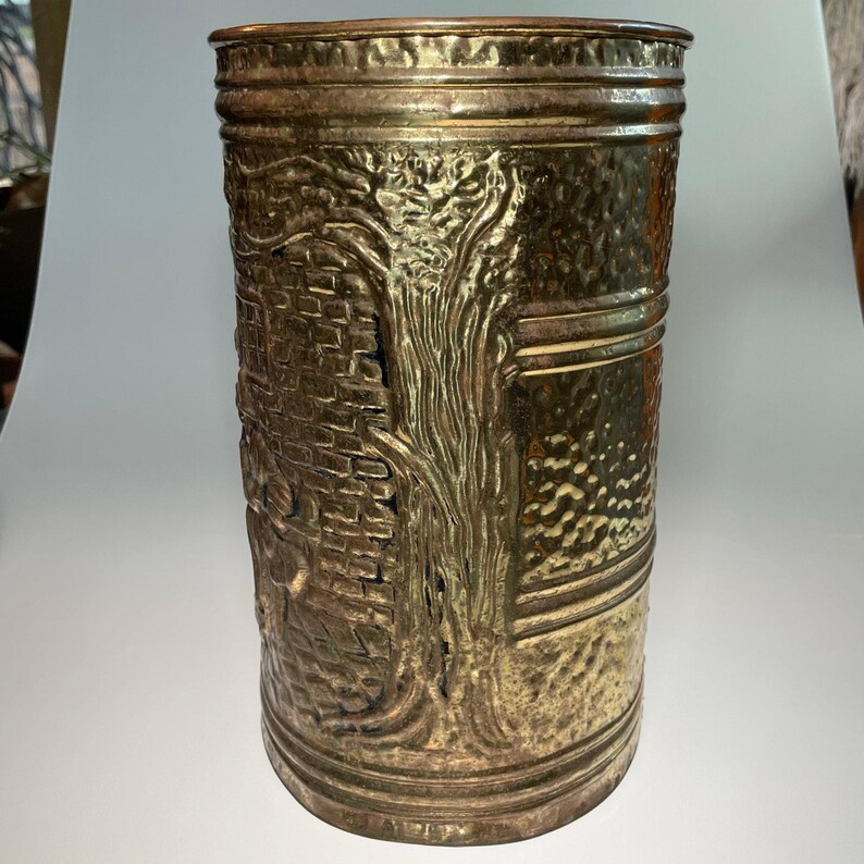 Vintage Brass Repousse Embossed Bin Trash Can Metal Waste Basket Cache ...