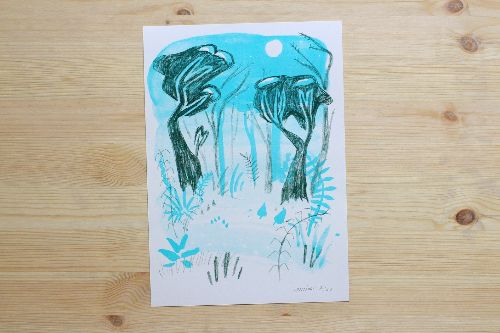 Riso Print 'forest Landscape in Moonlight' in Mint and | Etsy