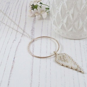 Long Silver Circle & Angel Wing Necklace, Guardian Angel, Long Sterling ...