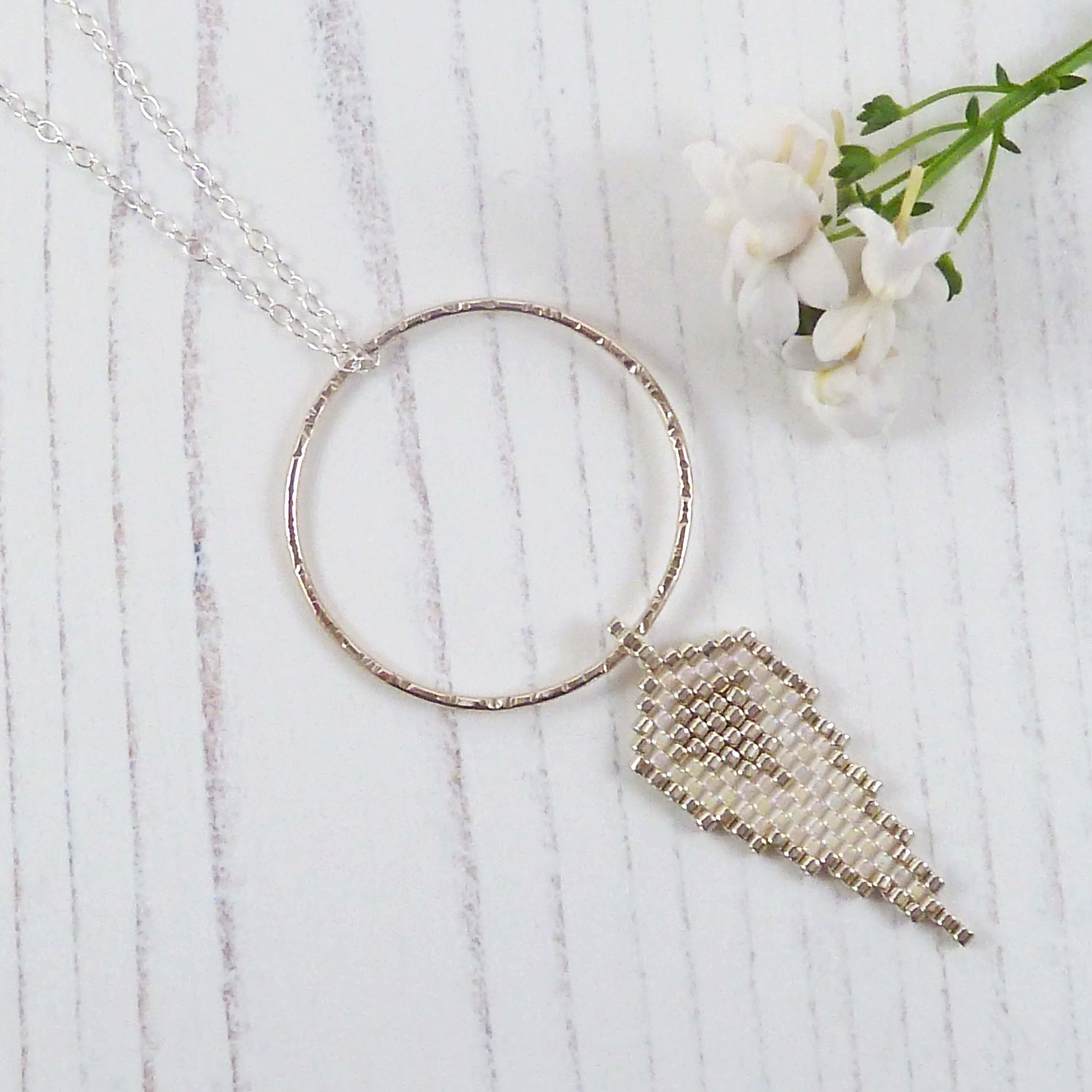 Long Silver Circle & Angel Wing Necklace, Guardian Angel, Long Sterling ...