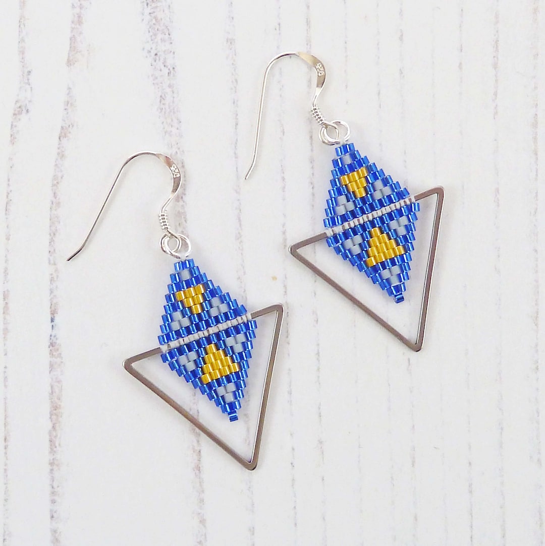 Blue and Yellow Triangle Earrings, Colourful Beaded Triangles, Metal ...