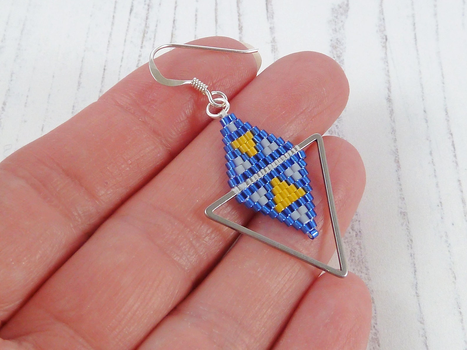 Blue and Yellow Triangle Earrings, Colourful Beaded Triangles, Metal ...