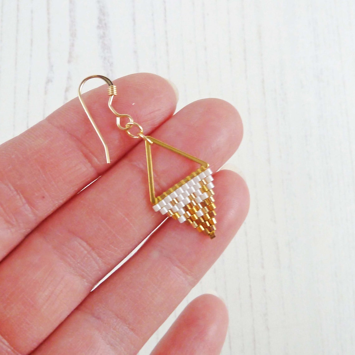 Small Gold Triangle Earrings, MADE TO ORDER, Beaded Triangles, Gift for ...
