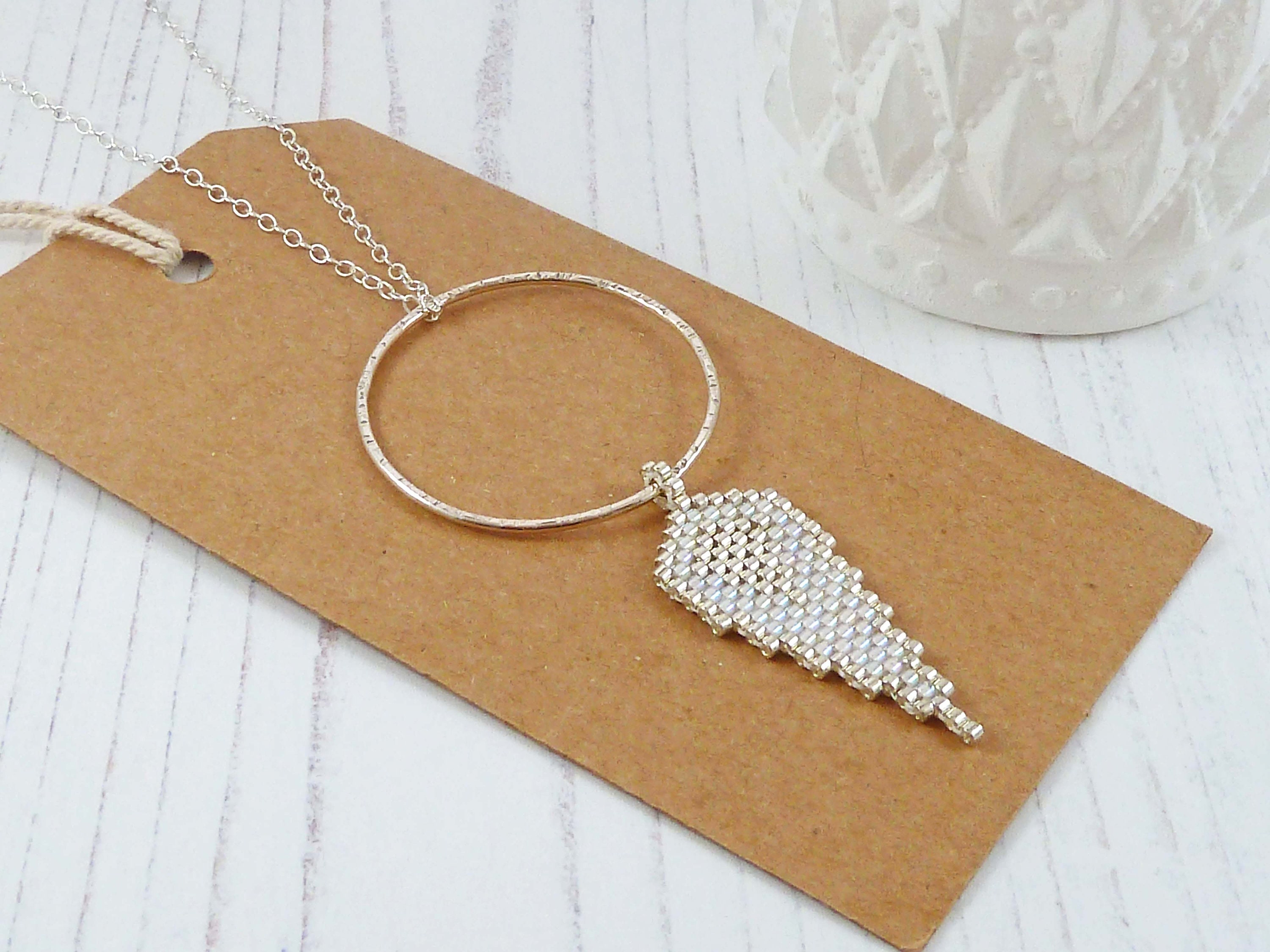 Long Silver Circle & Angel Wing Necklace, Guardian Angel, Long Sterling ...