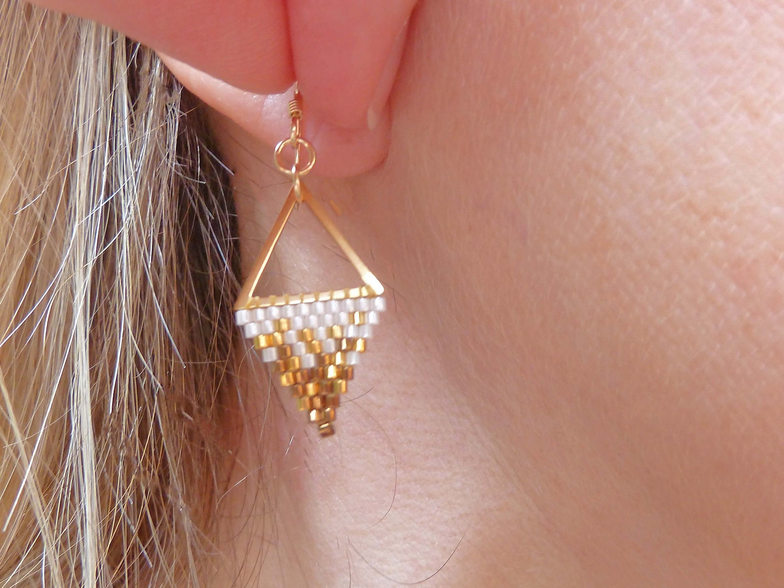 Small Gold Triangle Earrings, MADE TO ORDER, Beaded Triangles, Gift for ...
