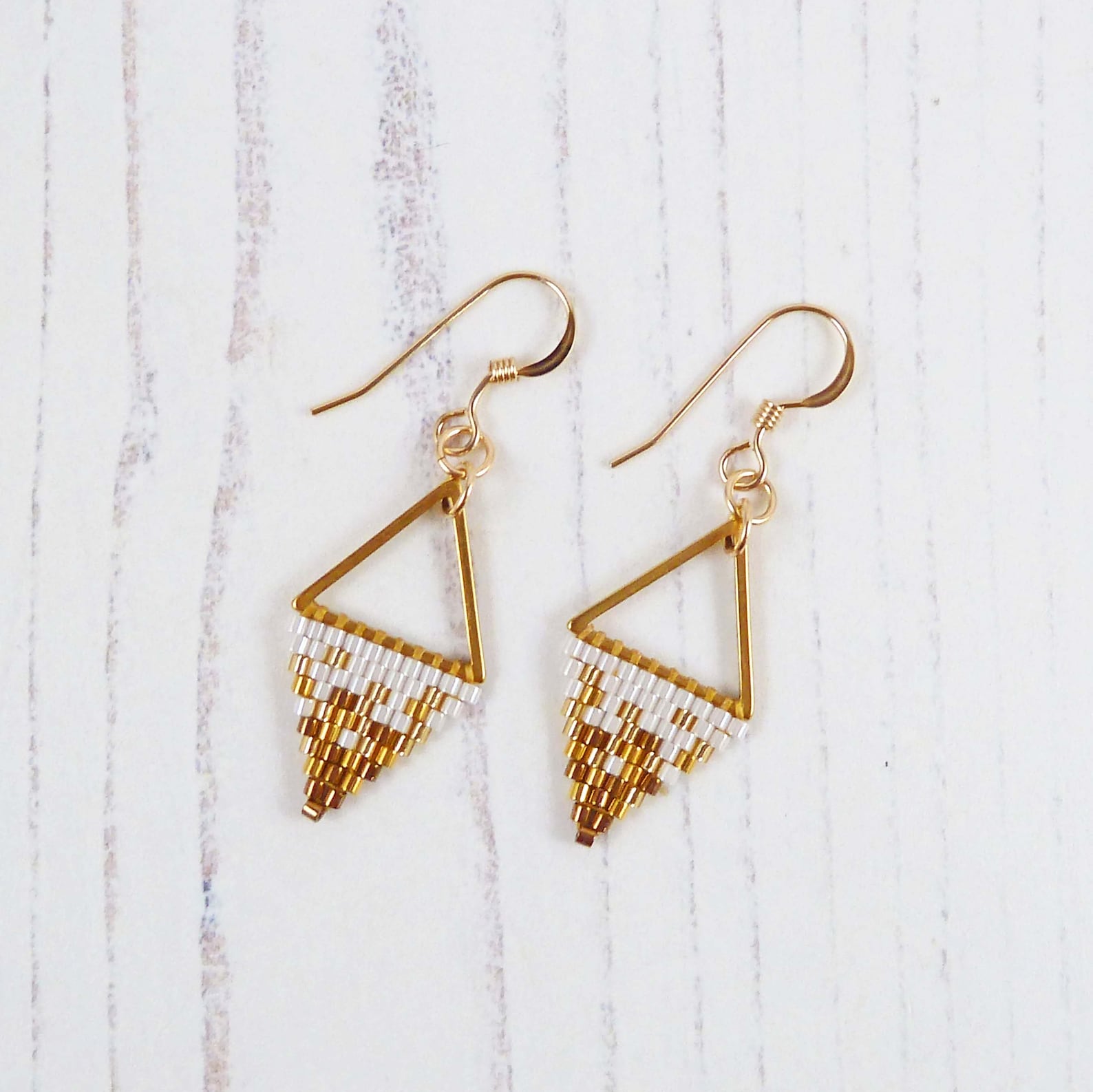 Small Gold Triangle Earrings, MADE TO ORDER, Beaded Triangles, Gift for ...