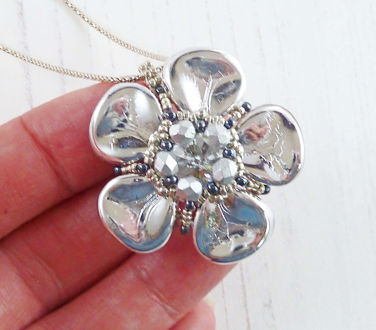Silver Flower Necklace Large Flower Pendant Brides Statement - Etsy UK