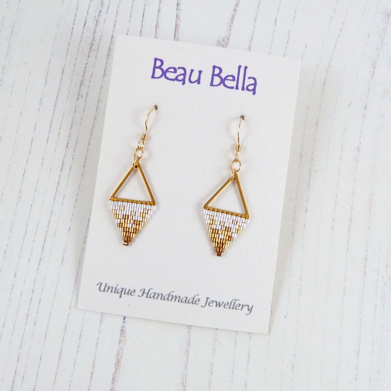 Small Gold Triangle Earrings, MADE TO ORDER, Beaded Triangles, Gift for ...