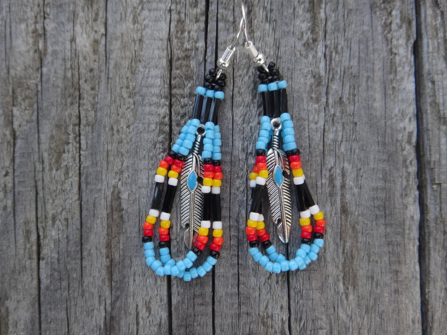 Native American Beaded Earrings Feather And Seed Beads Etsy