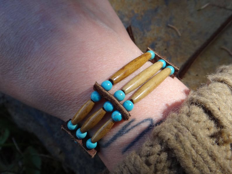 Native American Bone Bracelet Hairpipe, Moose Leather and Turquoise ...