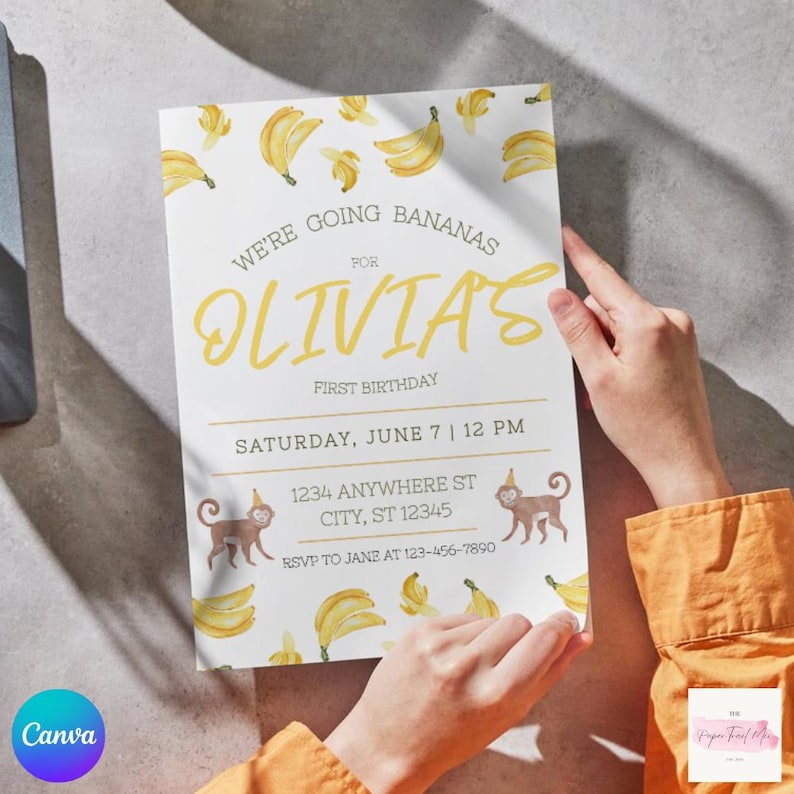 Banana Monkey Birthday Invitation Template: Fruity Kids Party (5x7 ...