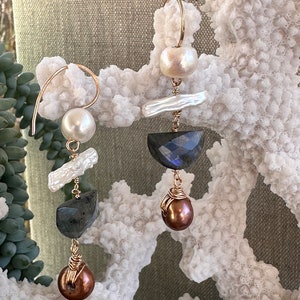 Biwa and Presh Water Pearl and Labradorite Earrings/ Dangle With Pearl and Semiprecious Stone - Etsy