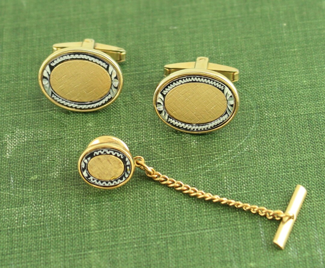 70s FOSTER Golden Garland GT Black Oval Cuff Link Tie Tack SET ...
