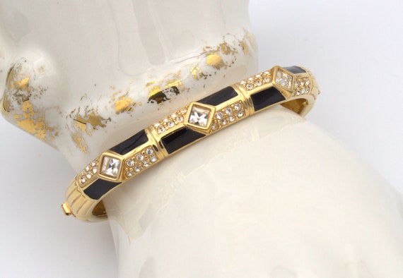 Black SWAROVSKI Signature SWAN Logo Rhinestone Hinged… - Gem