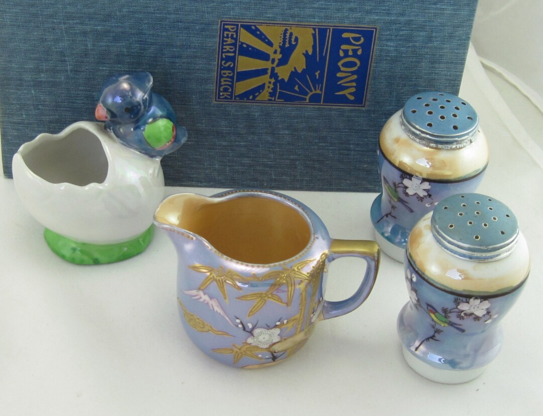 LUSTREWARE 40s Lilac Blue LOT Salt Pepper Shaker Cream Pitcher; Bird ...