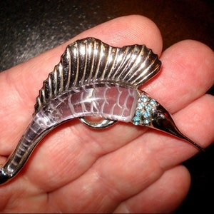 40s JELLY BELLY Carved Lucite Sword Fish ST Pin Lavender Rhinestone ...