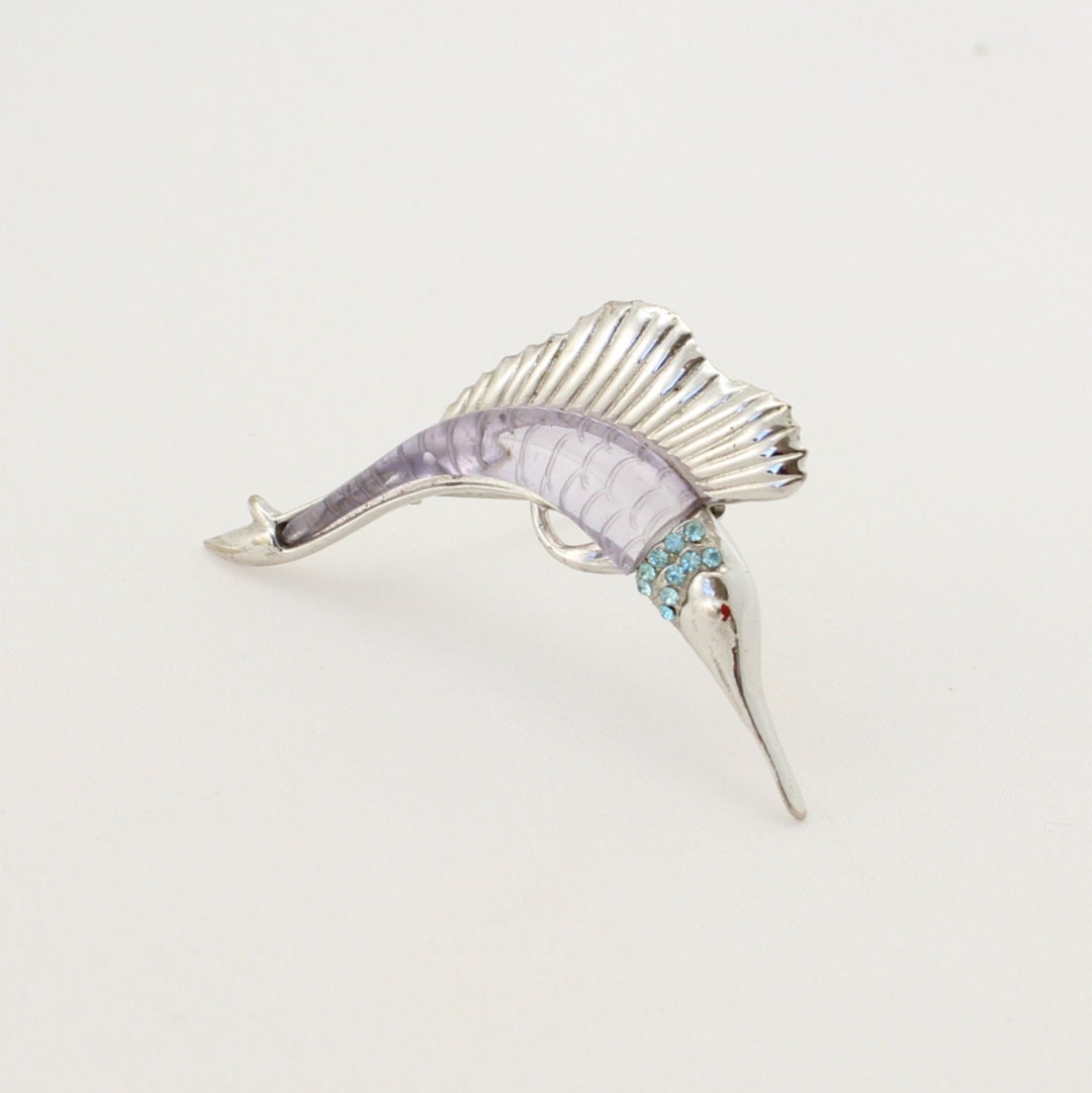 40s JELLY BELLY Carved Lucite Sword Fish ST Pin Lavender Rhinestone ...