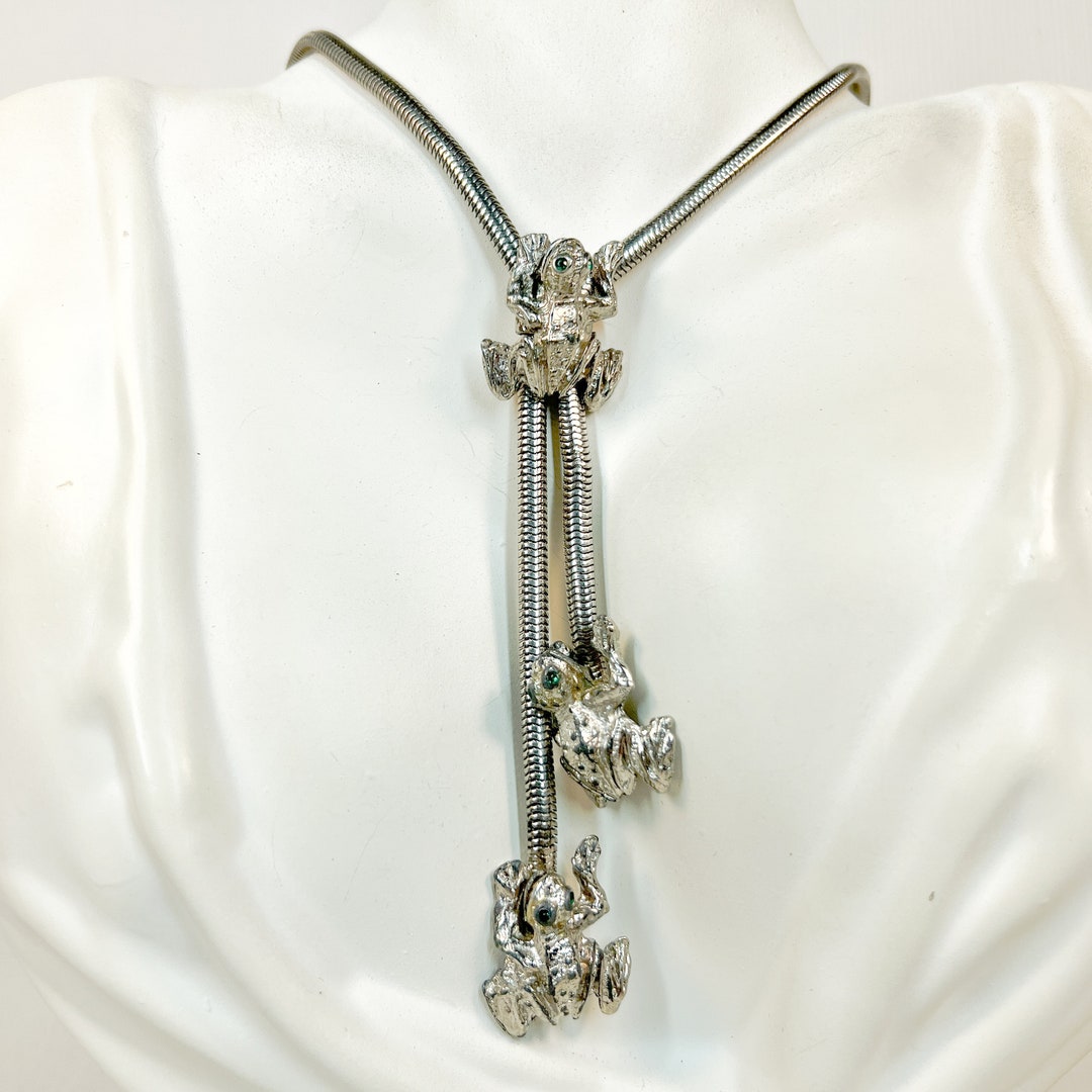 Vintage Triple Green Eyed Frog BOLO LARIAT Necklace Silver Tone Thick ...