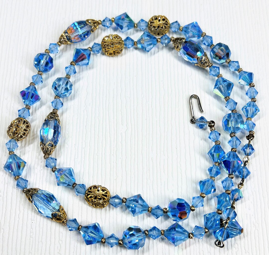 Art Deco Flapper Necklace: Czech Glass Aurora Blue Beads, Golden ...